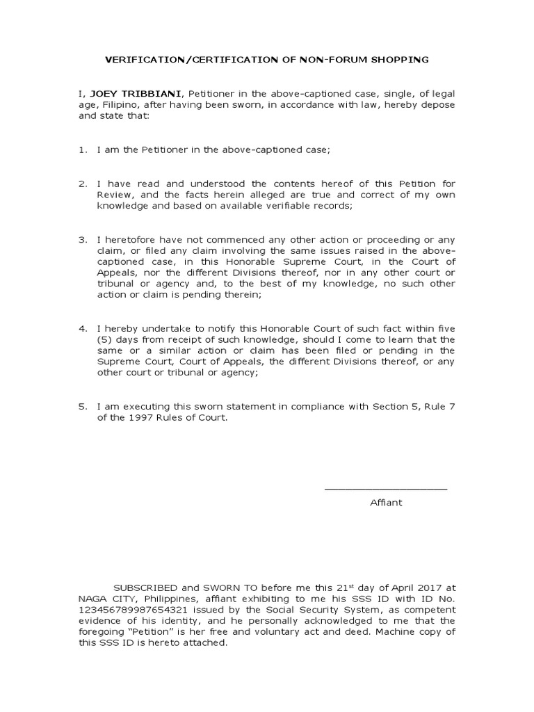 Verification/Certification of Non-Forum Shopping | PDF