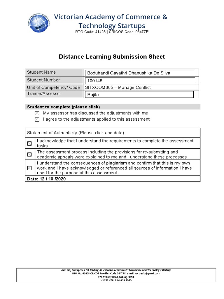 Distance Learning Submission Sheet | PDF | Business
