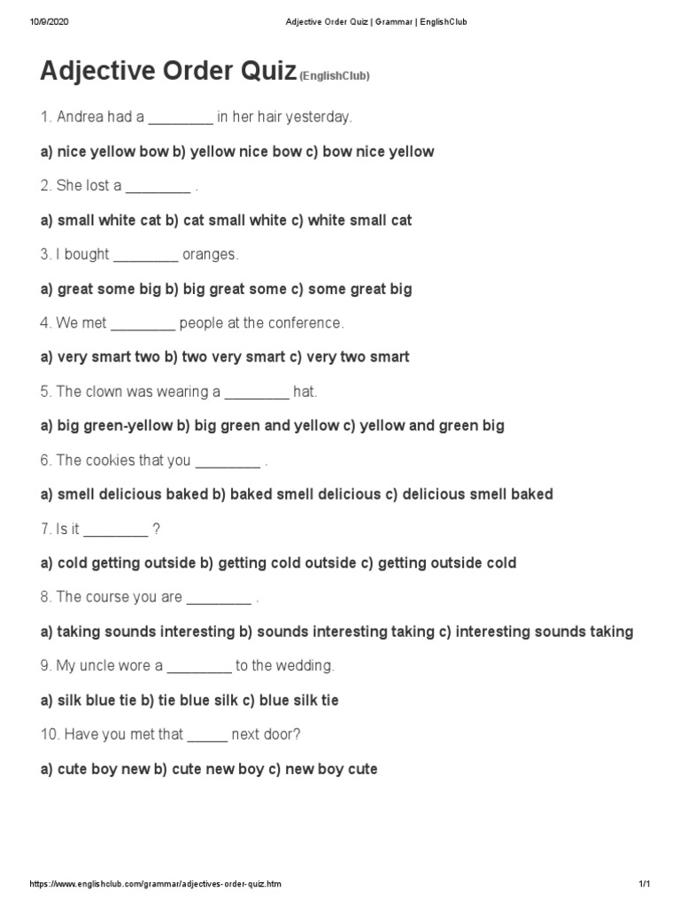 Adjective Order Quiz for English Learners | PDF | Teaching Methods ...
