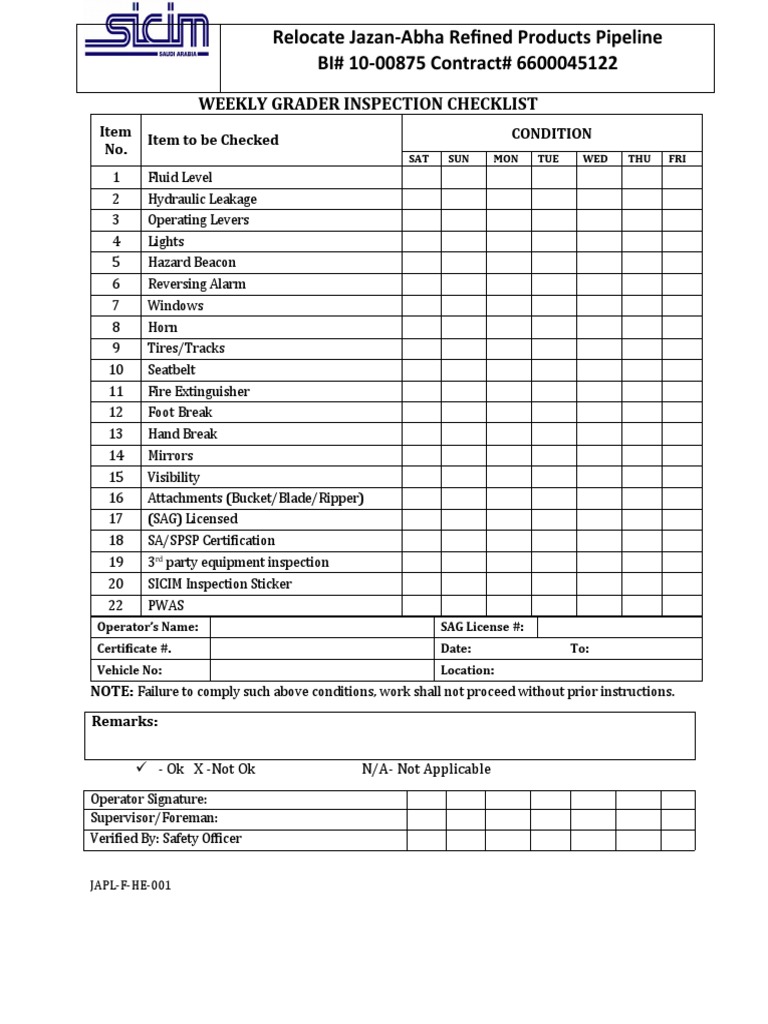 JAPL-F-HE-001-Weekly Grader Inspection Checklist | PDF