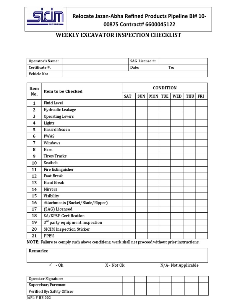 JAPL-F-HE-002-Weekly Excavator Inspection Checklist | PDF