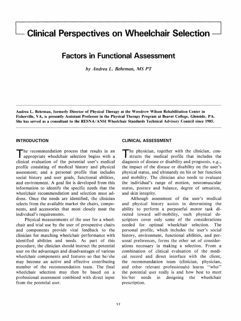 Clinical Perspectives On Wheelchair Selection: Factors in Functional ...