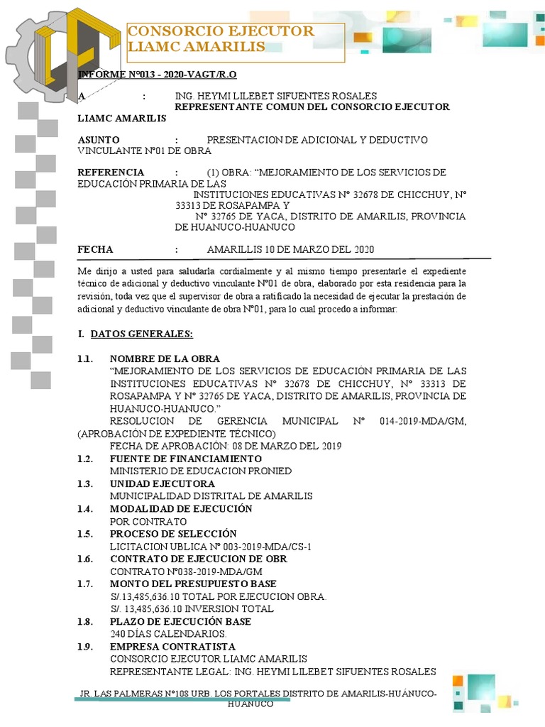 Informe Nº019 (Presentacion de Adicional y Deductivo Vinculante Nº01) | PDF | Ingeniero civil ...