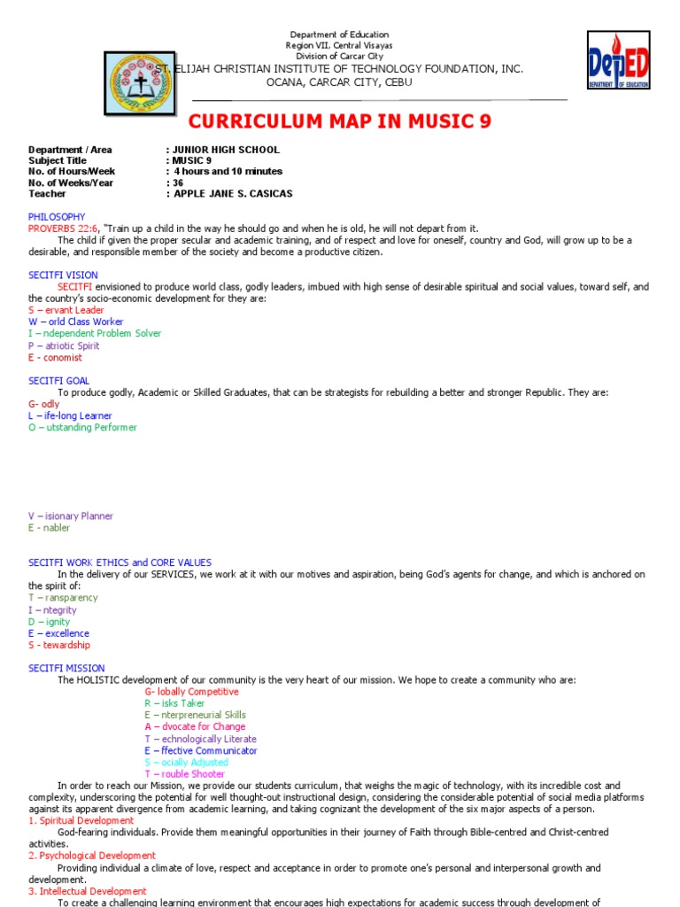 Curriculum Map in Music 9: St. Elijah Christian Institute of Technology ...