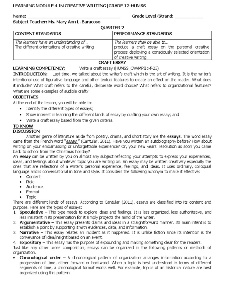 Creative Writing Craft Essay Guide | PDF | Essays | Writers