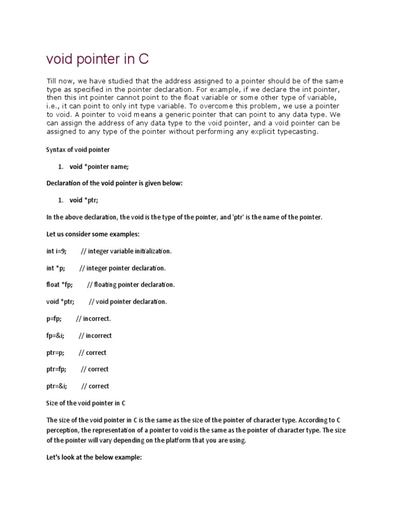 Void Pointer in C: Declaration of The Void Pointer Is Given Below | PDF | Pointer (Computer ...