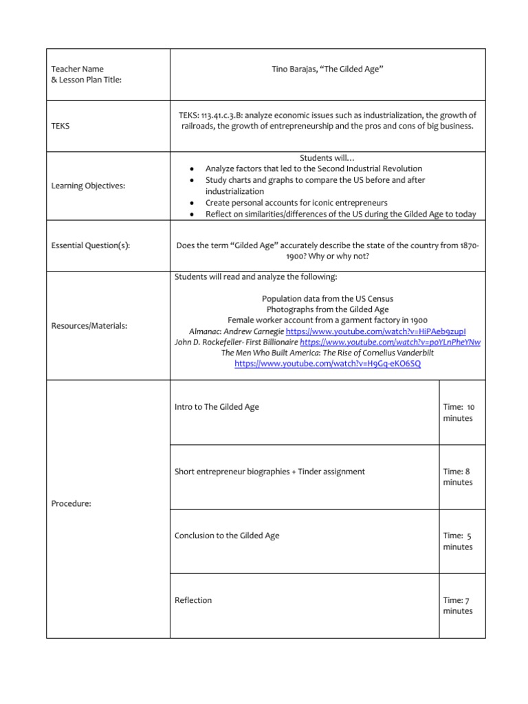 The Gilded Age Lesson Plan | PDF | Economies | Business