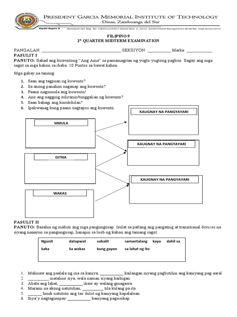 FILIPINO 9 Unang Markahan Prelim | PDF