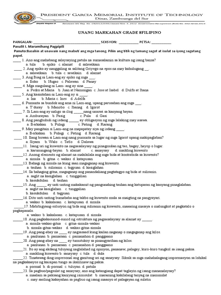 Unang Markahan Grade 8 Filipino | PDF