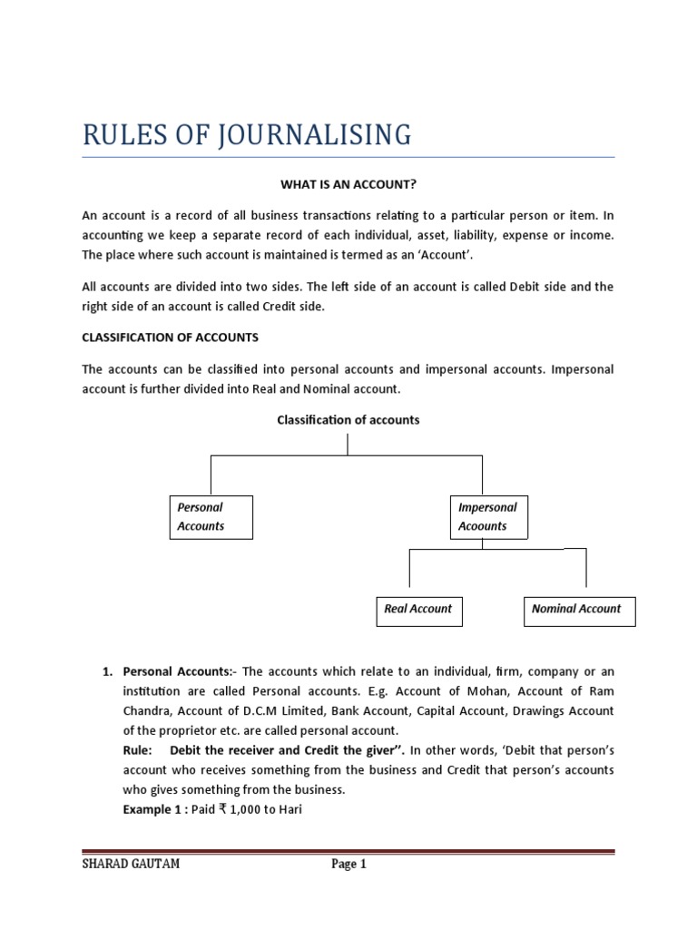 Rules of Journalising: Personal Accounts Impersonal Acoounts | PDF ...