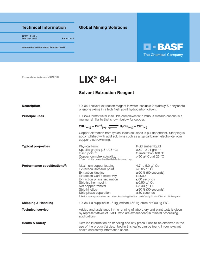 LIX 84-I: Technical Information Global Mining Solutions | PDF | Solubility | Copper