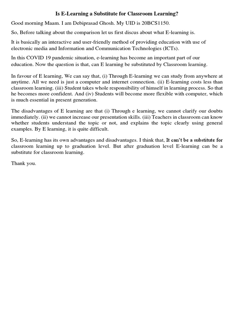Is E-Learning A Substitute For Classroom Learning? | PDF
