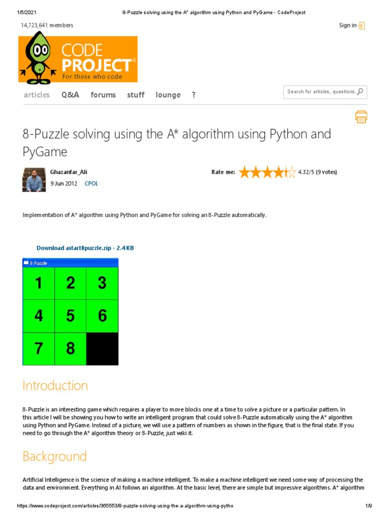 8 Puzzle Solving Using The A Algorithm Using Python And Pygame Pdf Artificial Intelligence