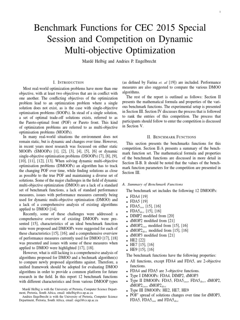 Benchmark Functions For CEC 2015 Special Session and Competition On Dynamic Multi-Objective ...