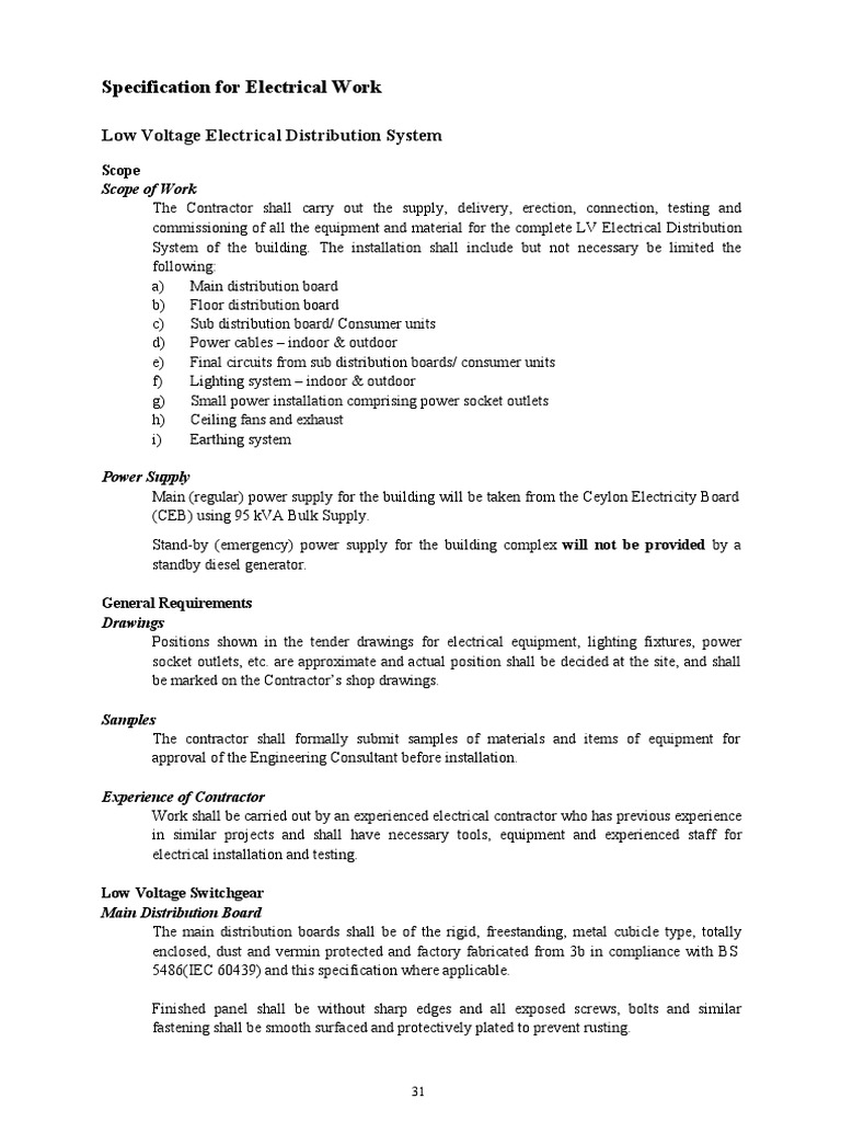 Specification For Electrical Work: Low Voltage Electrical Distribution ...