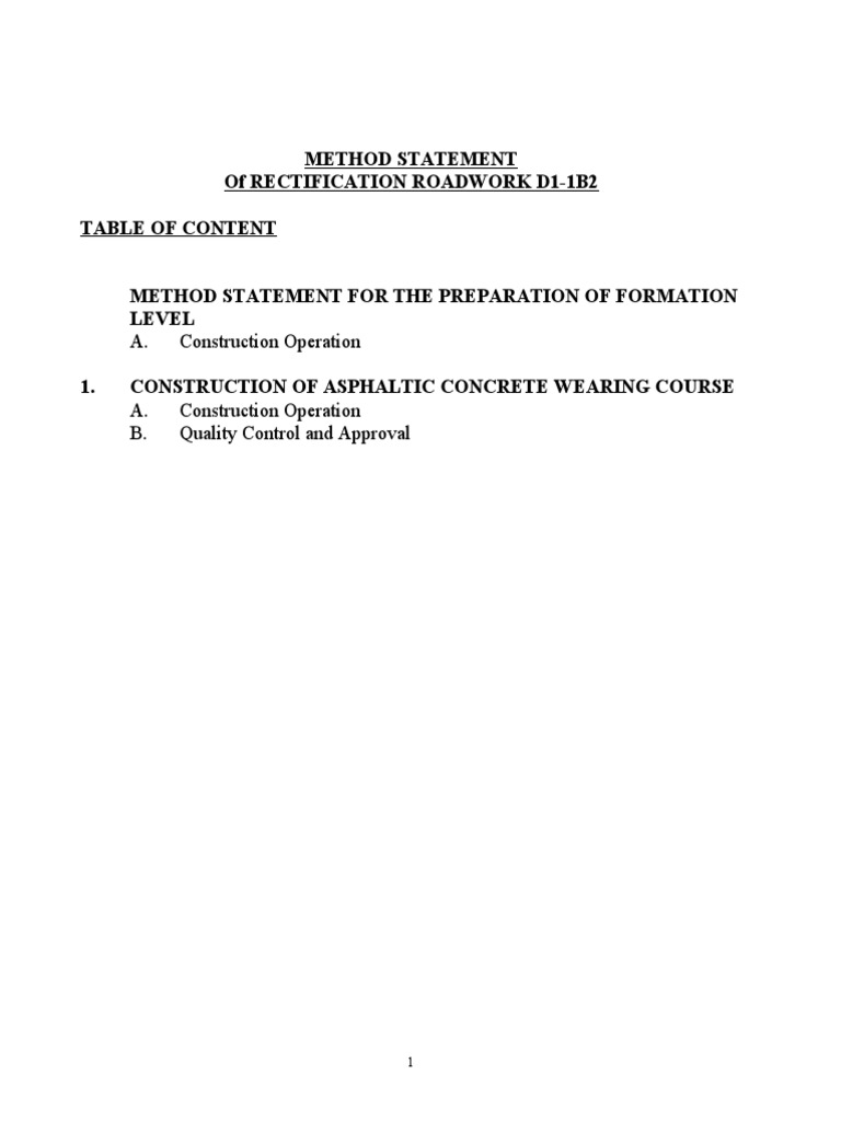 Method Statement of Rectification Roadwork D1-1B2 Table of Content | PDF | Asphalt | Concrete