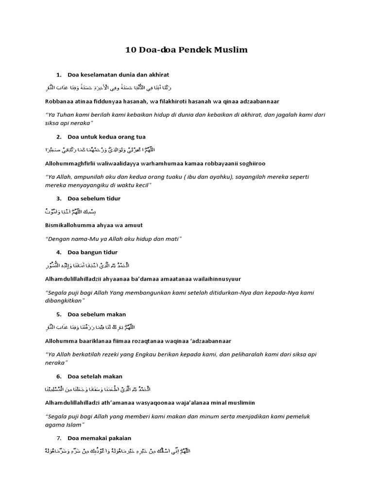 10 Doa Pendek untuk Kehidupan Sehari-hari | PDF | Kajian Bahasa Asing ...