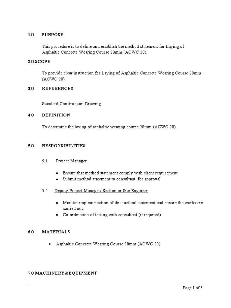 Method Statement For Laying of ACWC 20 | PDF | Asphalt | Concrete