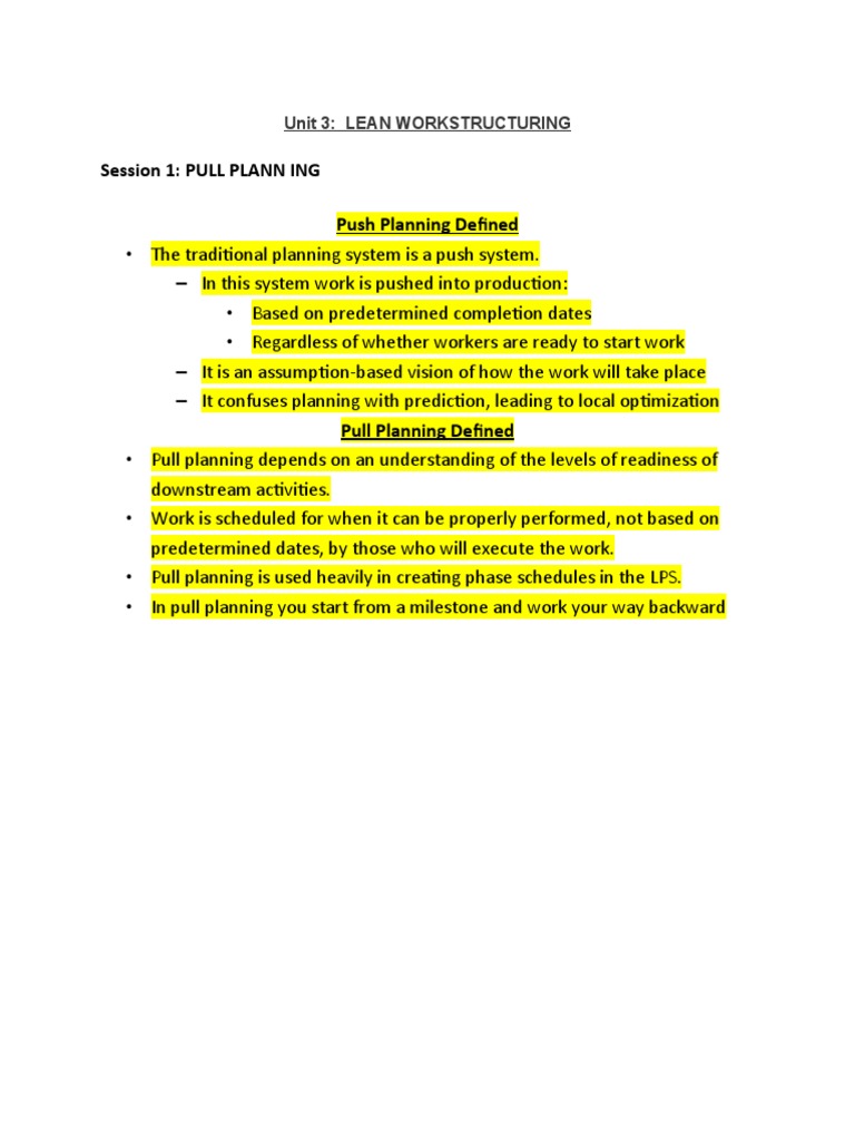 Session 1: Pull Plann Ing Push Planning Defined: Unit 3: Lean ...