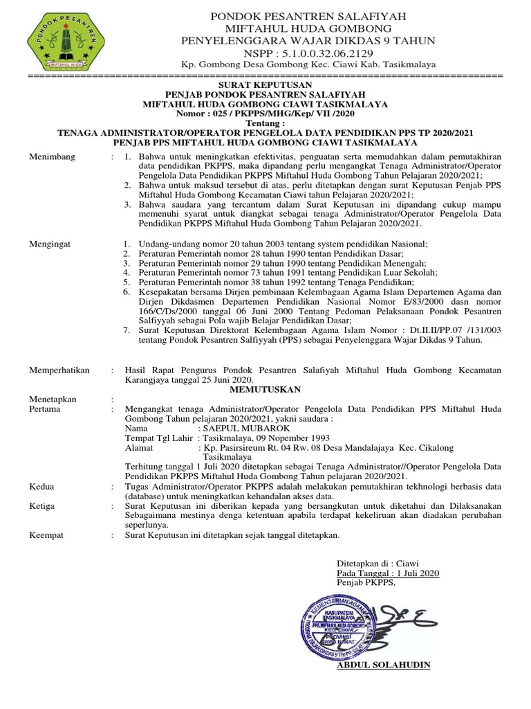Contoh SK Pengangkatan Operator Pesantren | PDF