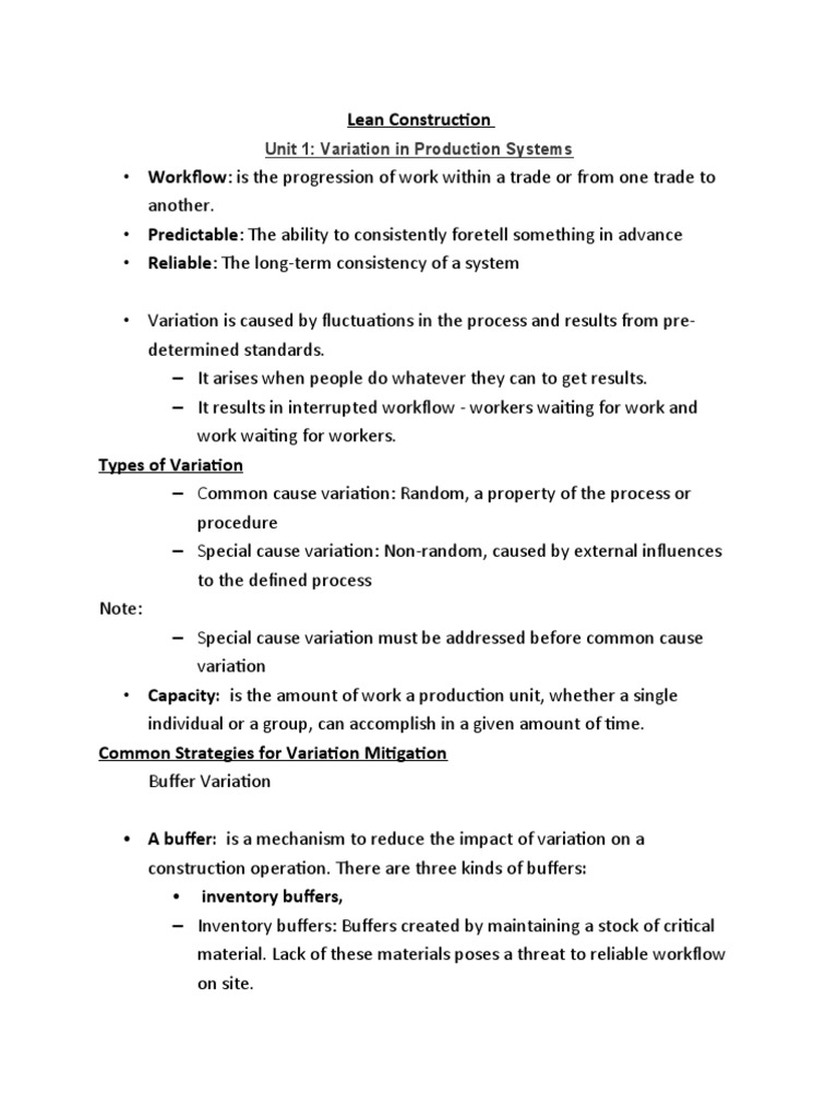 Lean Construction: Unit 1: Variation in Production Systems | PDF ...
