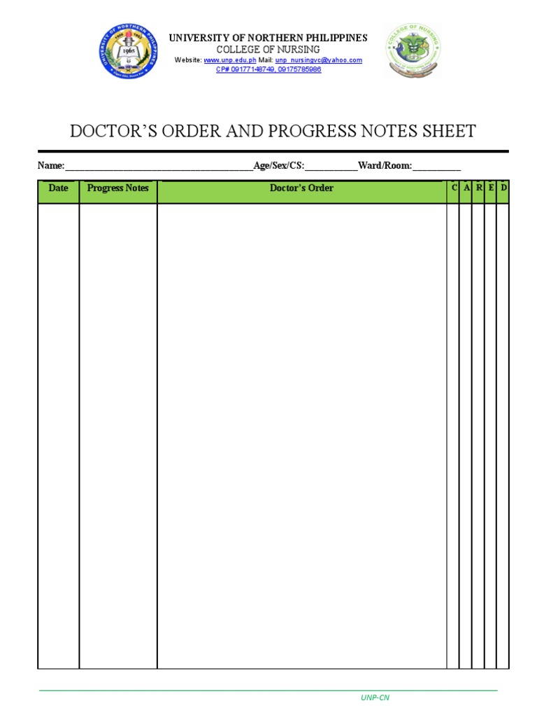 Doctor'S Order and Progress Notes Sheet: University of Northern ...