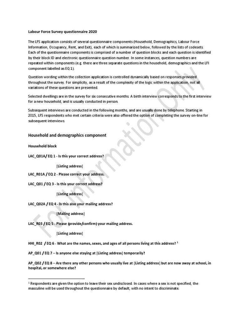 Labour Force Survey Questionnaire 2020: Household and Demographics ...