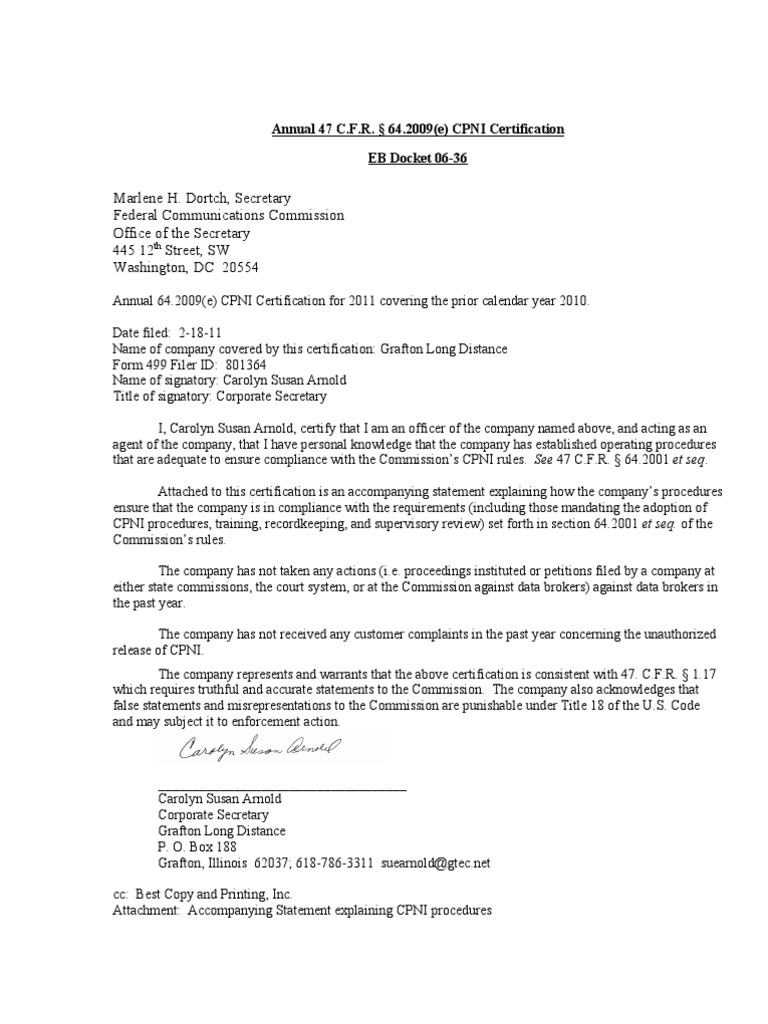 Grafton Long Distance CPNI Certification 2011 | PDF | Federal ...