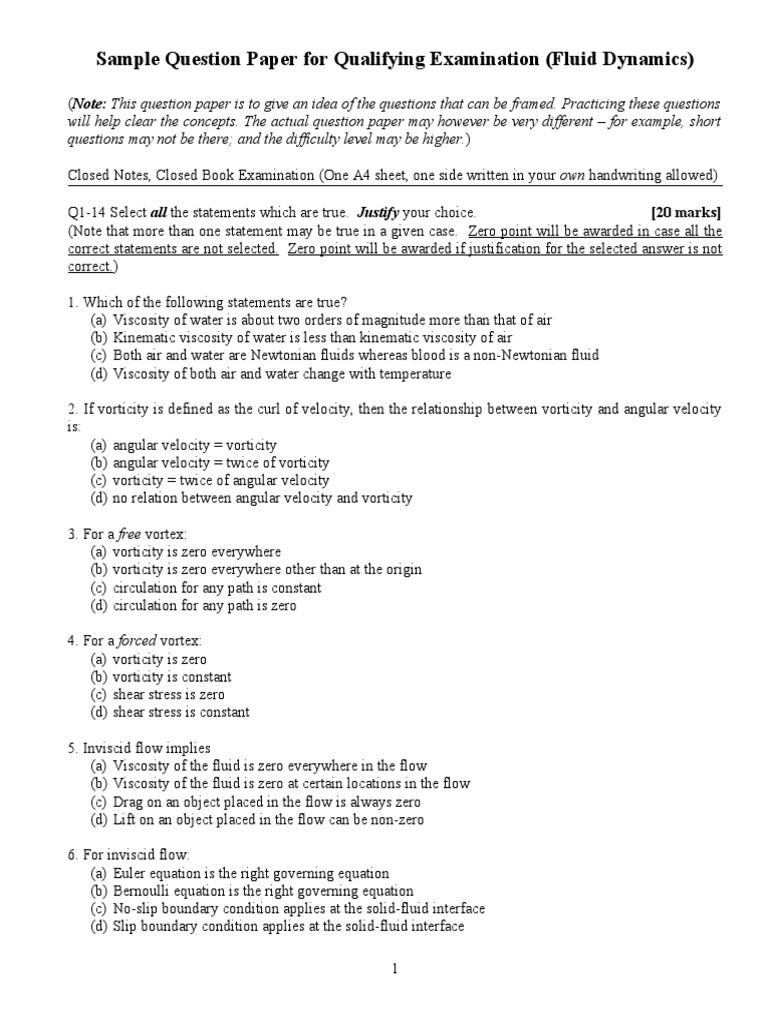 Sample Question Paper For Qualifying Examination (Fluid Dynamics) | PDF ...