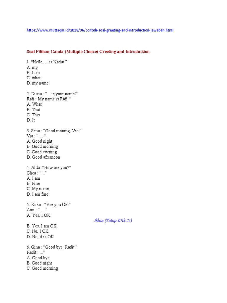 Soal Greeting dan Introduction Kelas 7 | PDF | Sports & Recreation ...