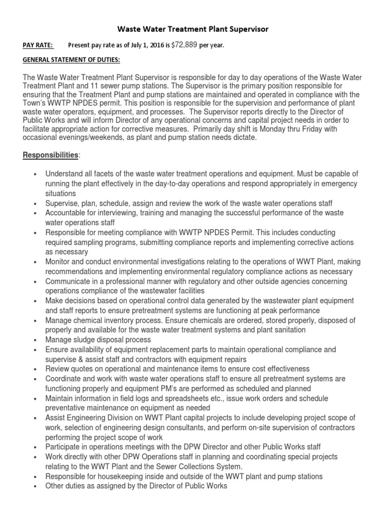 Waste Water Treatment Supervisor Job Description | PDF | Wastewater ...