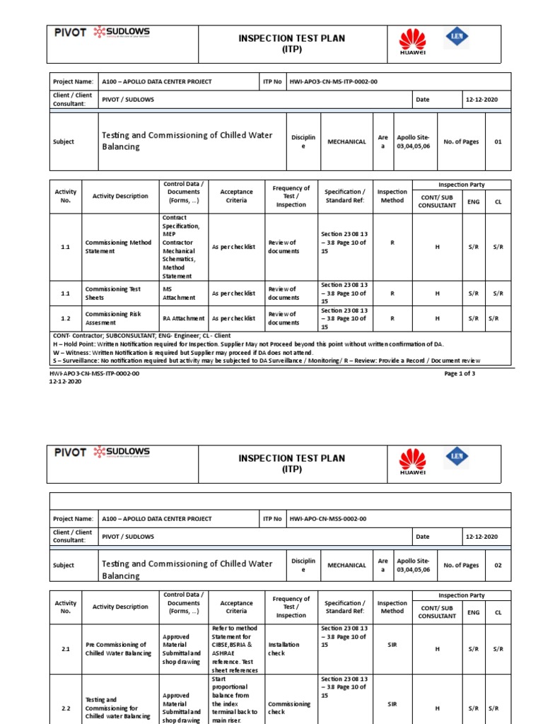 Testing and Commissioning of Chilled Water Balancing: Inspection Test ...