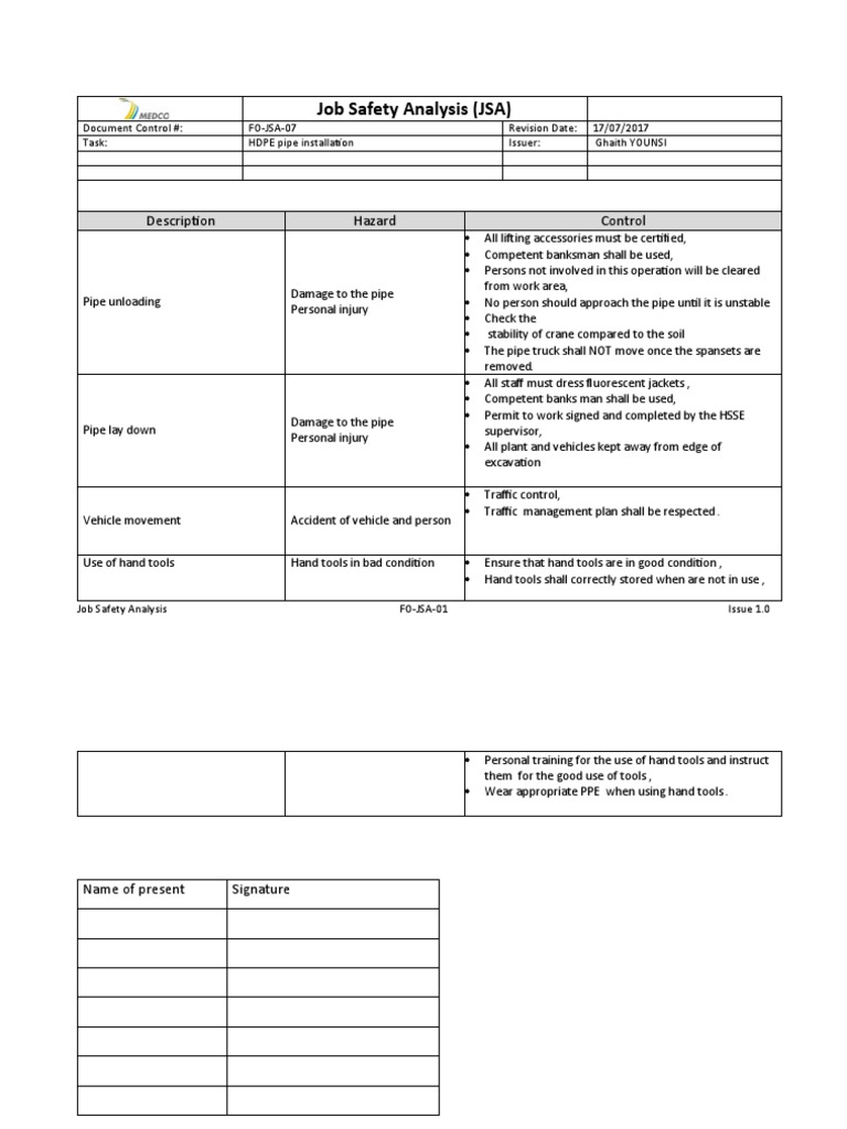 JSA - HDPE Pipe Instalation | PDF | Occupational Safety And Health ...