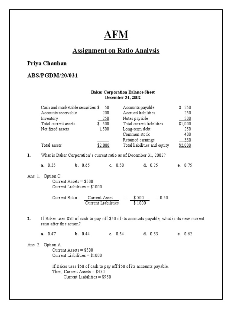 AFM-Assignment Ratio Analysis (1) - Priya Chauhan | PDF | Current Liability | Corporations