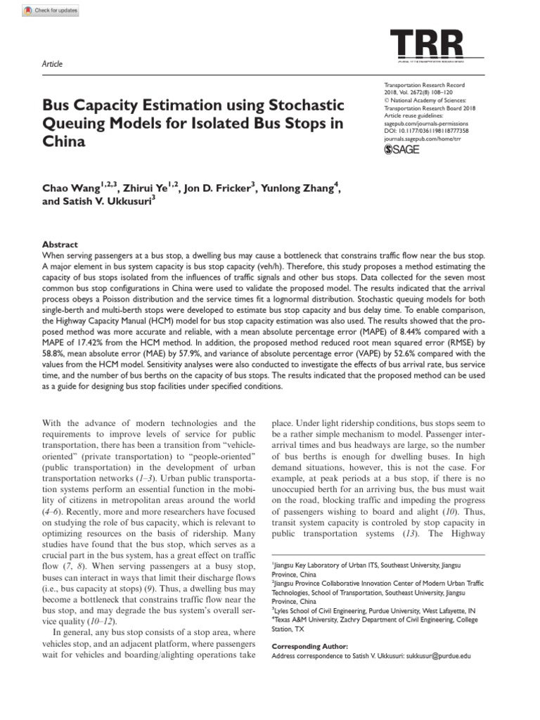 Estimating Bus Stop Capacity Using Stochastic Queuing Models for Isolated Bus Stops in China ...