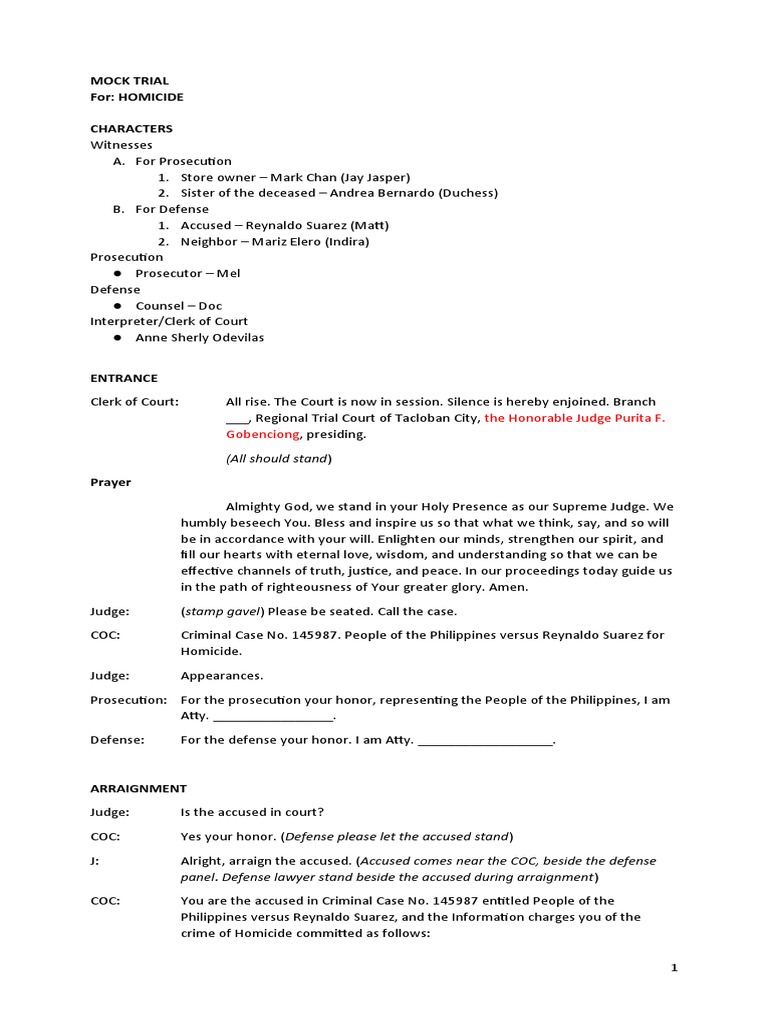 Mock-Trial-Script For Homicide | PDF | Plea | Plea Bargain