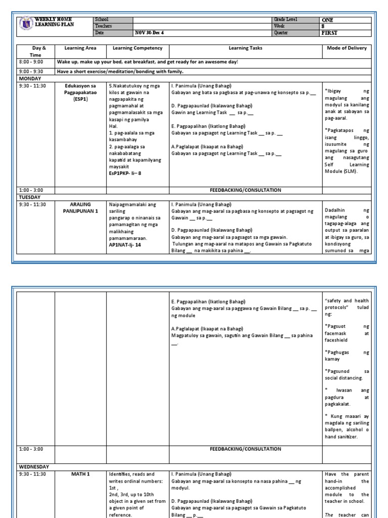 Grade 1 WHLP Q1 W8 All Subjects | PDF