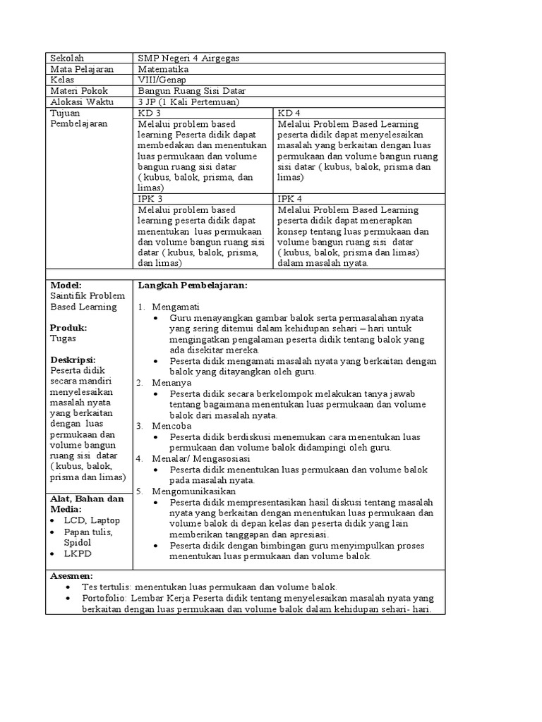 RPP 1 Lembar MTK | PDF | Sains & Matematika
