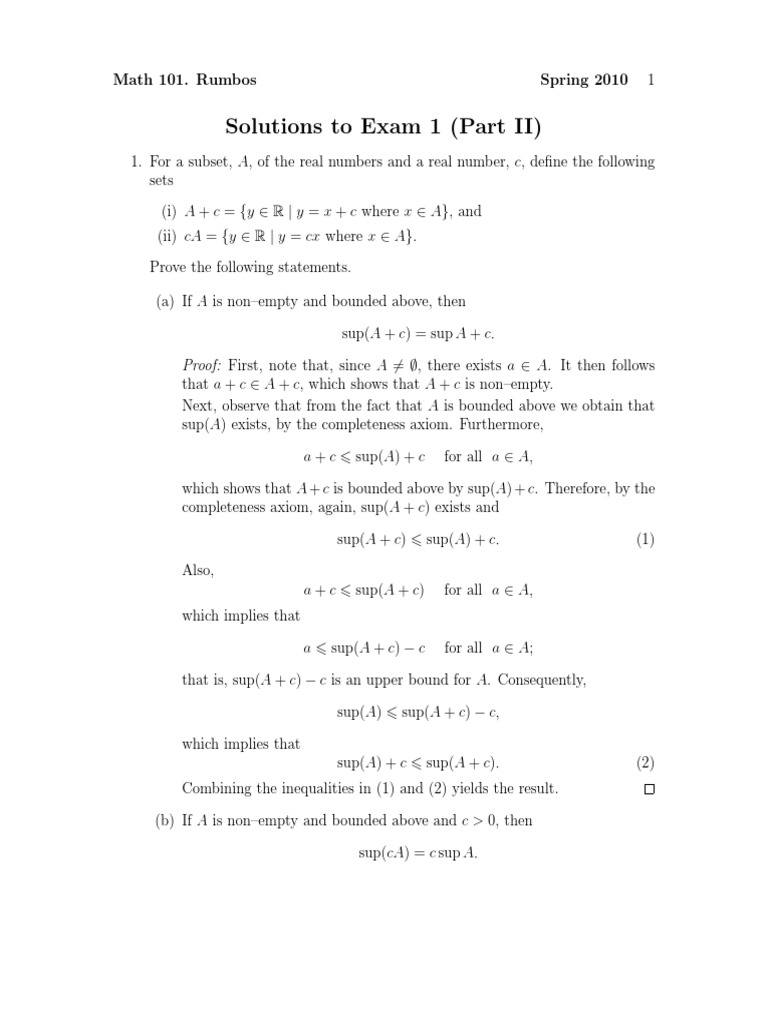 Math 101 Exam 1 Solutions: Supremum and Infimum | PDF | Empty Set ...