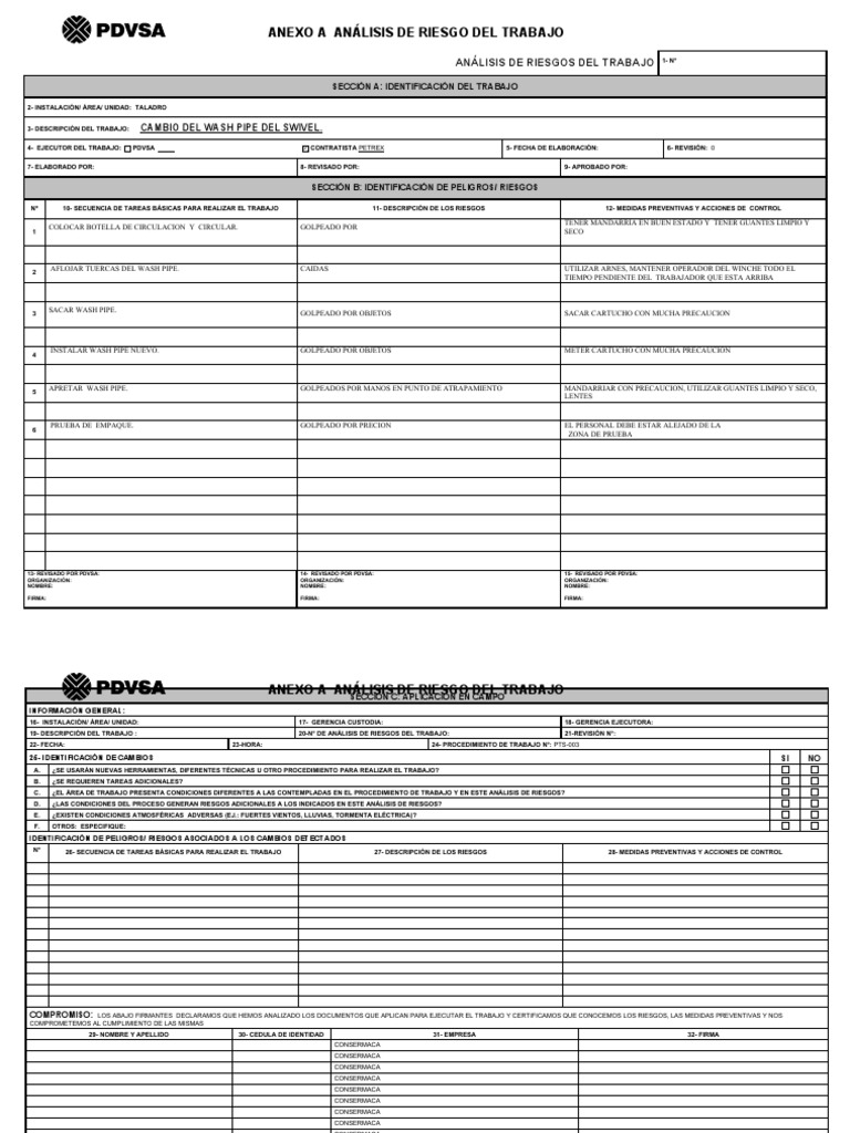 Risk analysis of work to change a swivel wash pipe | PDF | Naturaleza