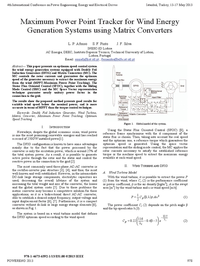 Maximum Power Point Tracker For Wind Energy Generation Systems Using Matrix Converters | PDF ...