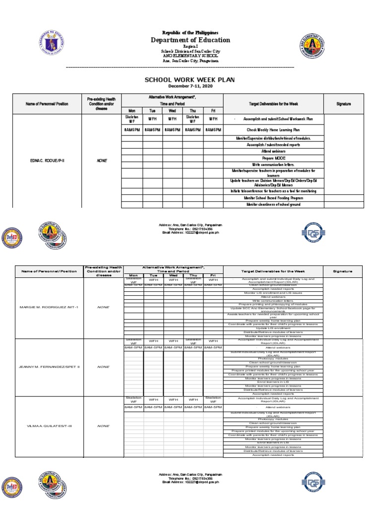 Department of Education: School Work Week Plan | PDF | Communication