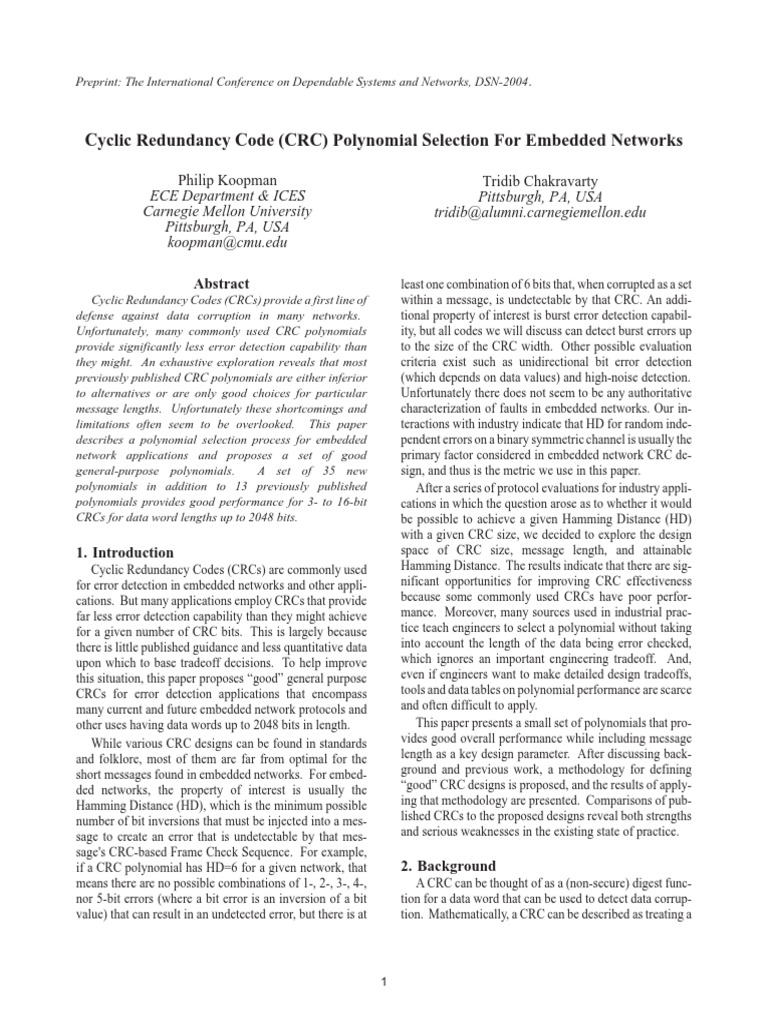 Cyclic Redundancy Code (CRC) Polynomial Selection For Embedded Networks | PDF | Error Detection ...