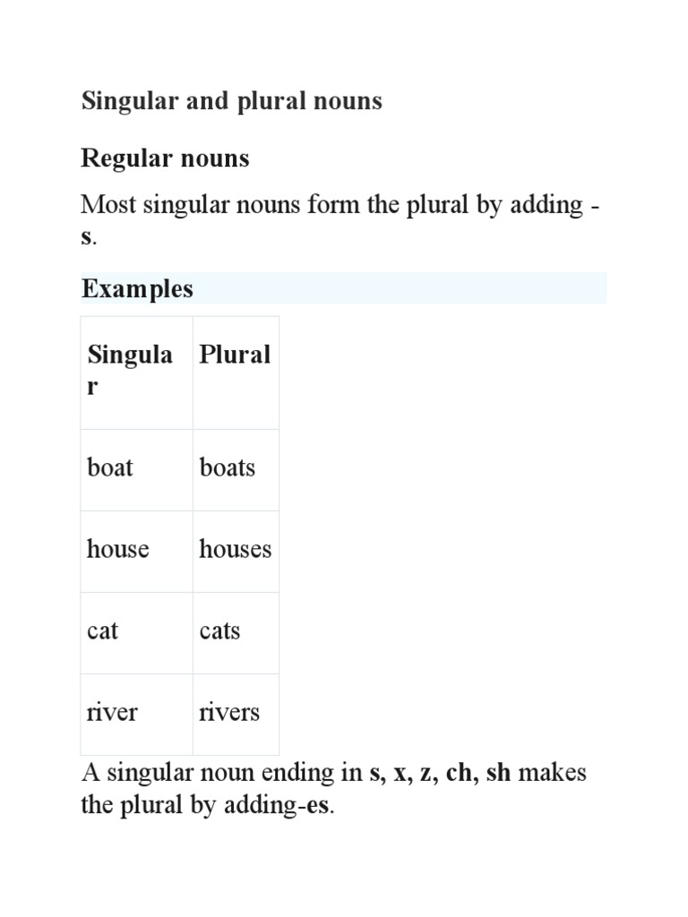 Regular Nouns S. Examples Singula R Plural | PDF | Grammatical Number ...