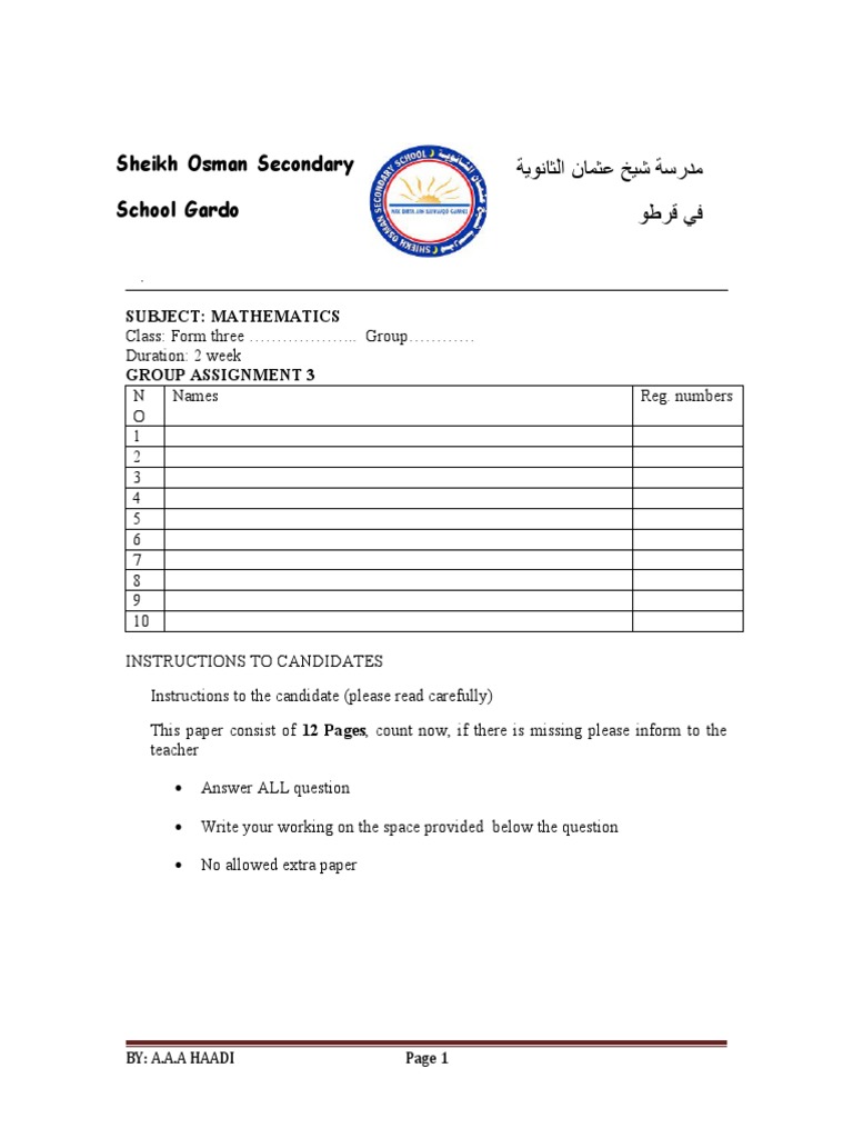 Form Three Mathematics Group Assignment on Straight Lines, Graphs ...