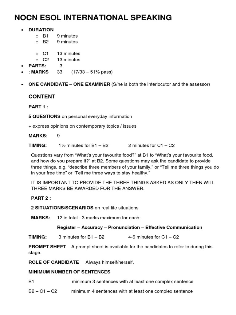 NOCN ESOL SPEAKING EXAM GUIDE | PDF | Question | Cognition