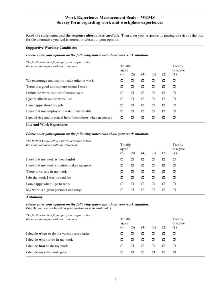 Work Experience Measurement Scale - WEMS Survey Form Regarding Work and ...