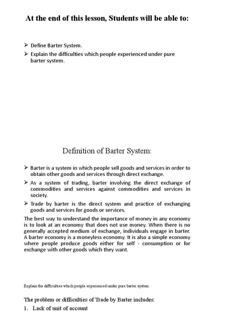 At The End of This Lesson, Students Will Be Able To | PDF | Barter ...