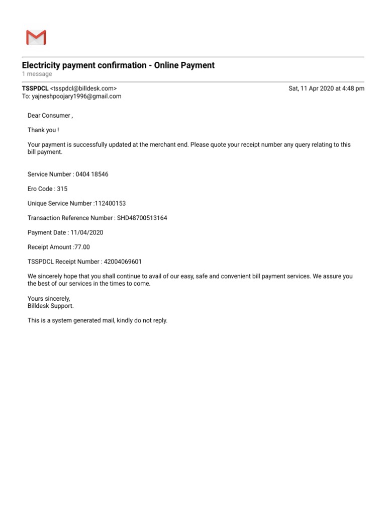 TSSPDCL Payment Confirmation Receipt | PDF