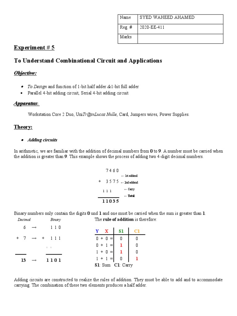 Experiment # 5 To Understand Combinational Circuit and Applications | PDF | Arithmetic ...